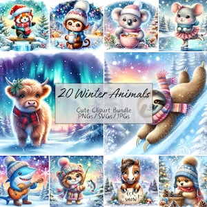 Cute Watercolor Winter Animals Clipart Bundle, Animal Images, 20 High ...