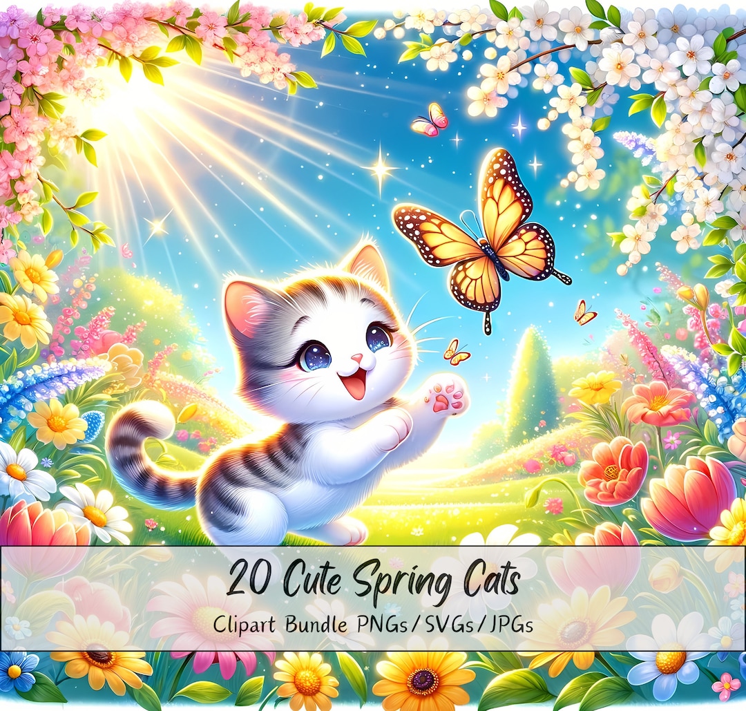 Cute Spring Cats Clipart Bundle, Watercolor Clip Art Images, 20 High ...