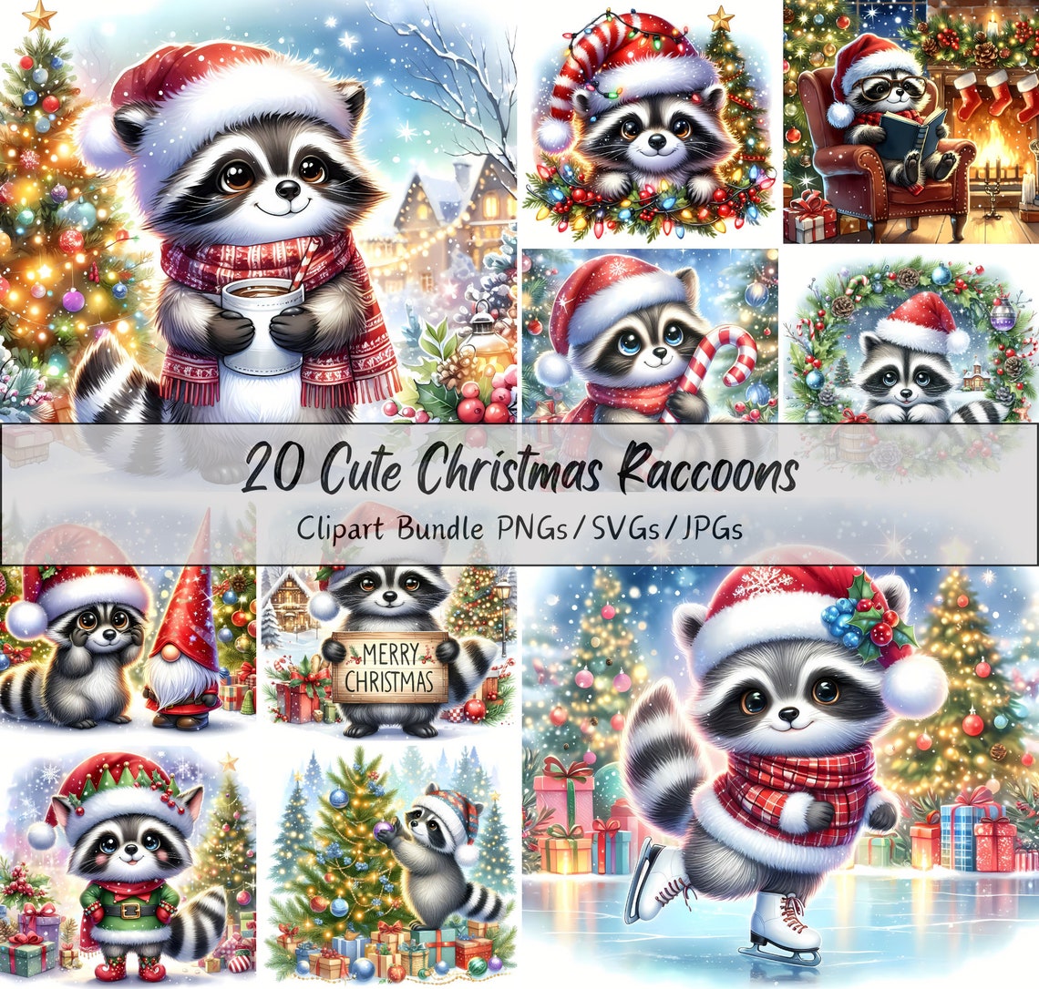 Cute Christmas Raccoons Clipart Bundle, Xmas Raccoon Clip Art Images ...