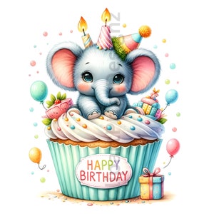 Cute Animals in Happy Birthday Cupcakes Clipart Bundle, Watercolor Clip ...