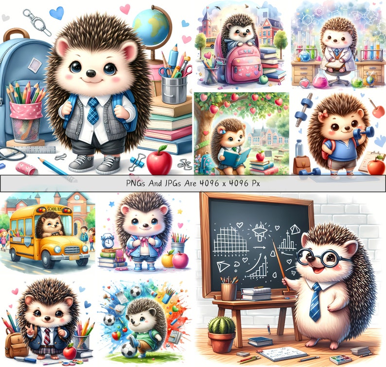 Cute Back to School Hedgehogs Clipart Bundle, Watercolor Hedgehog Clip ...