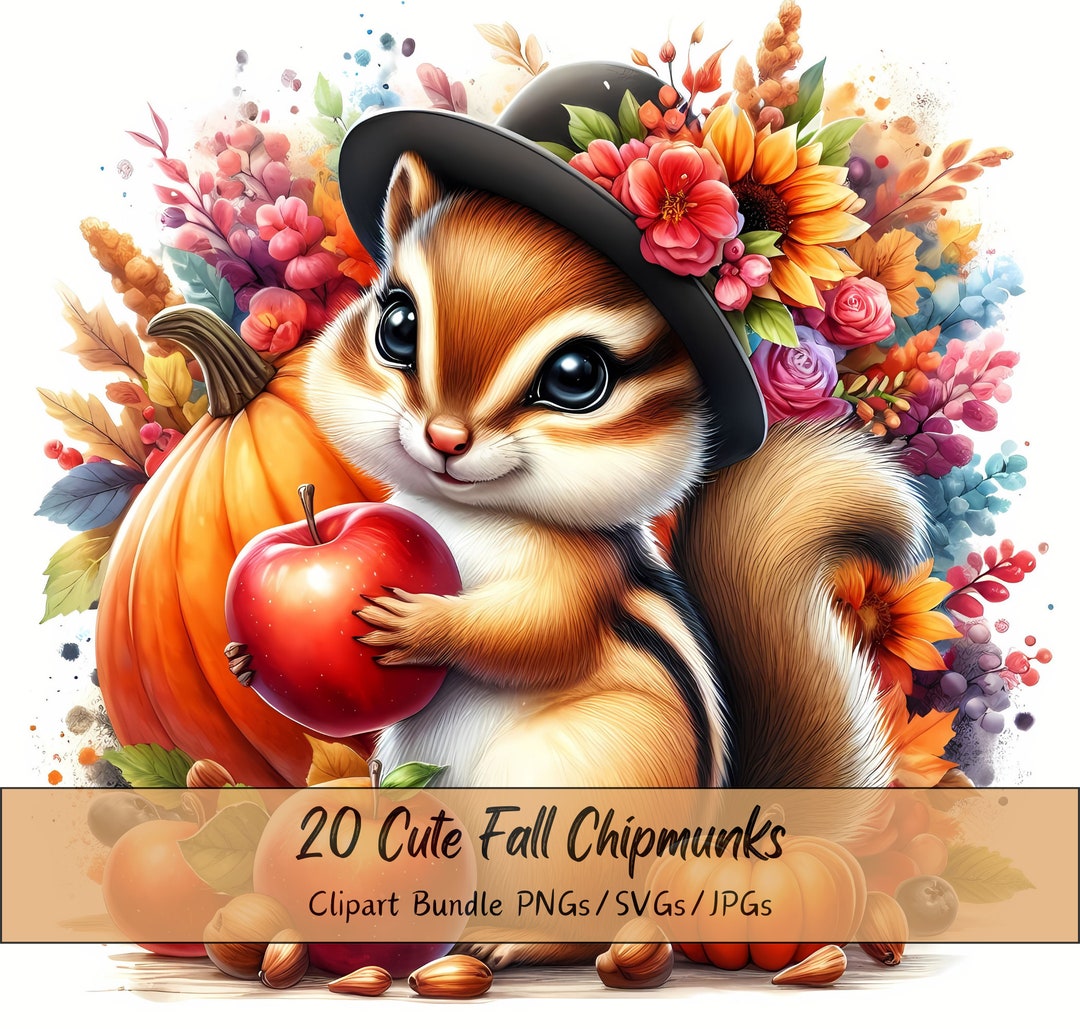 Cute Fall Chipmunks Clipart Bundle, Watercolor Autumn Chipmunk Clip Art ...