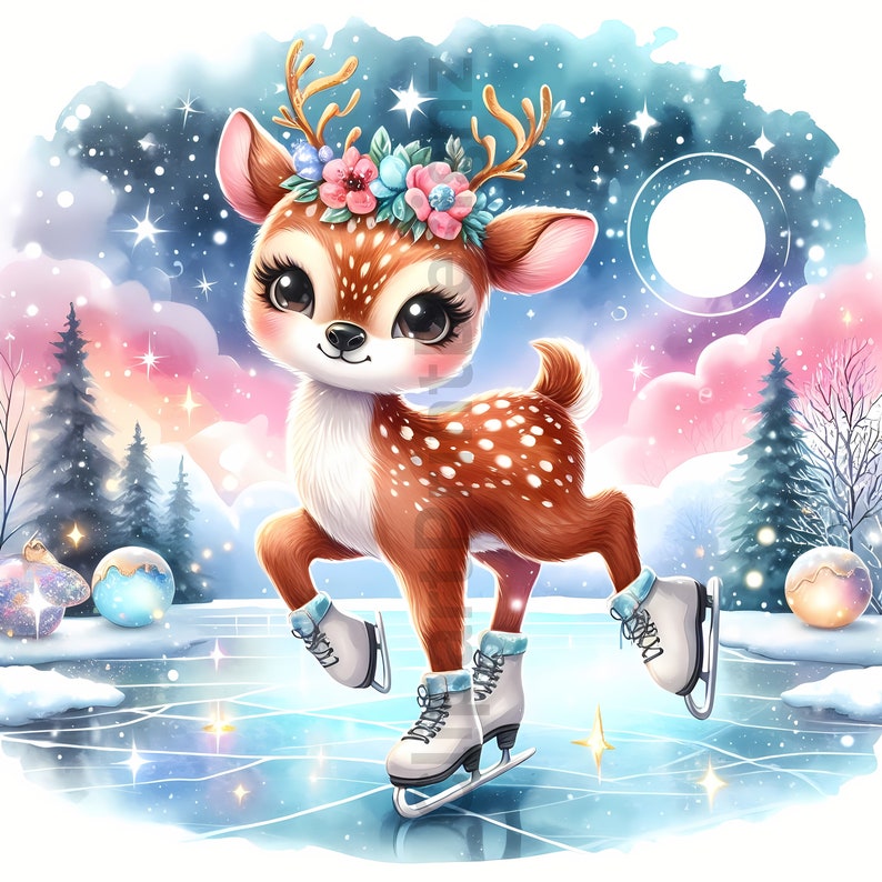 Cute Winter Animals Ice Skating Clipart Bundle, Festive Watercolor Clip ...