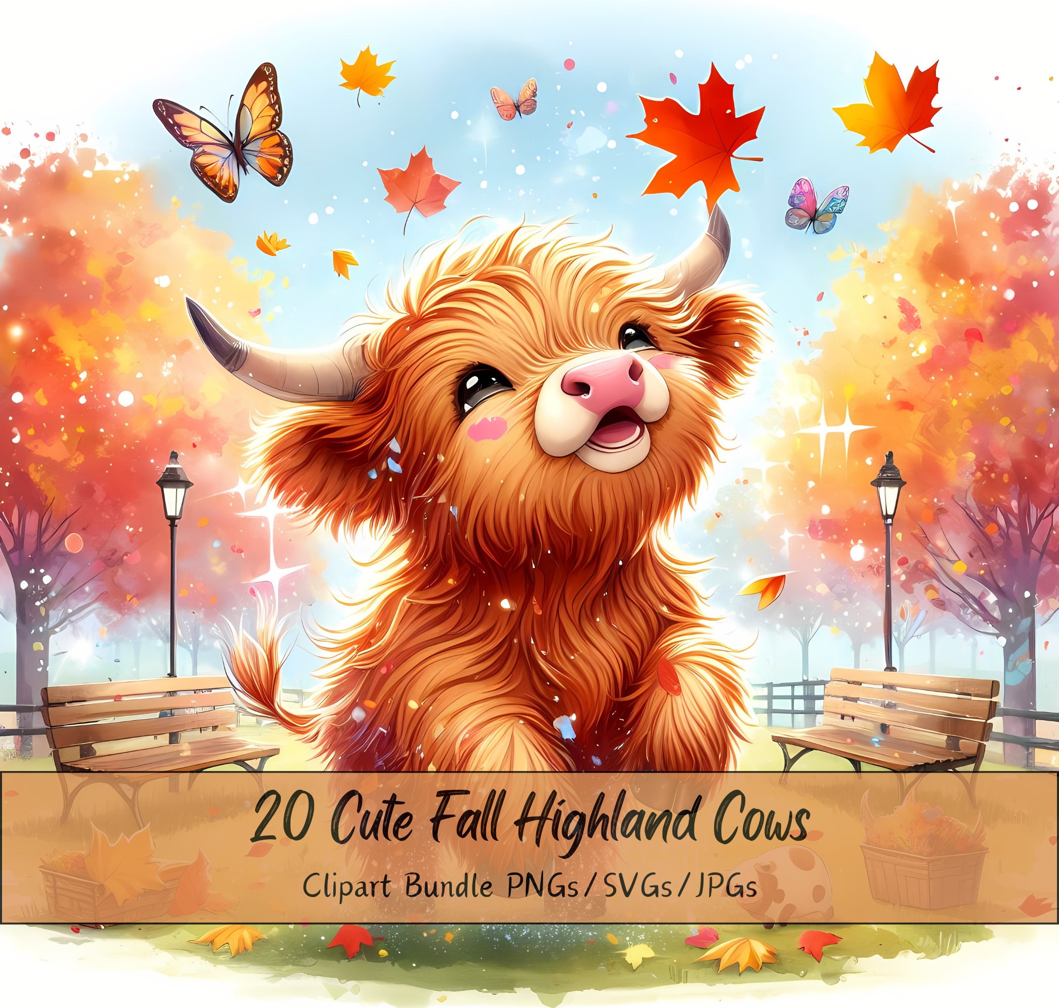 Cute Fall Highland Cows Clipart Bundle, Watercolor Autumn Cow Clip Art ...