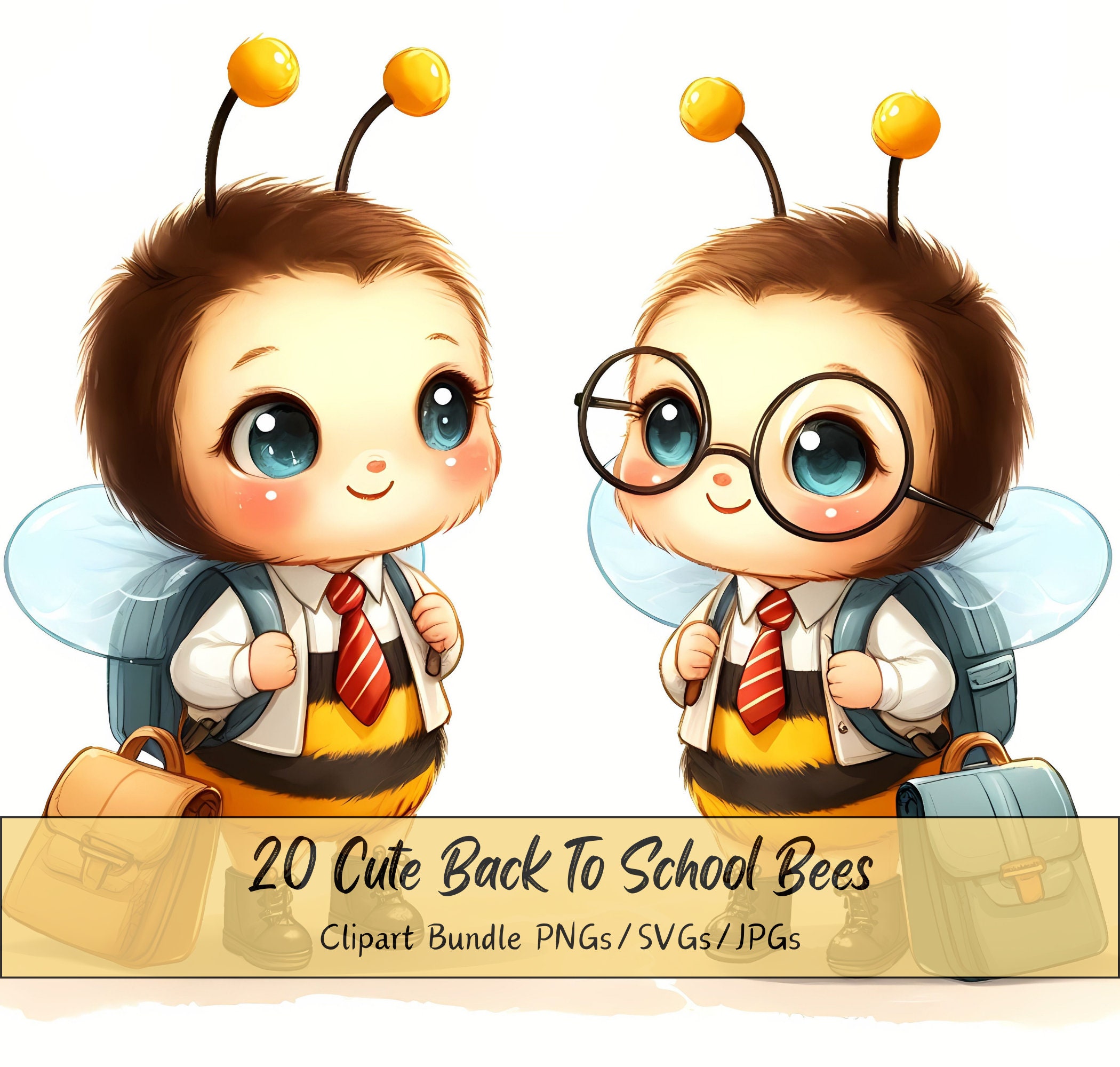 Cute Back to School Bees Clipart Bundle, Watercolor Bee Clip Art Images ...