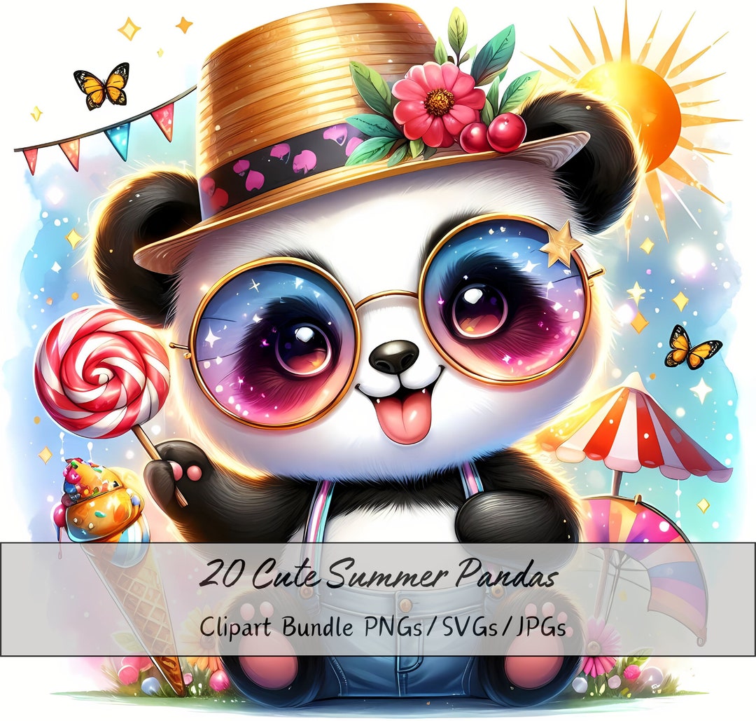 Cute Summer Pandas Clipart Bundle, Watercolor Panda Clip Art Images ...