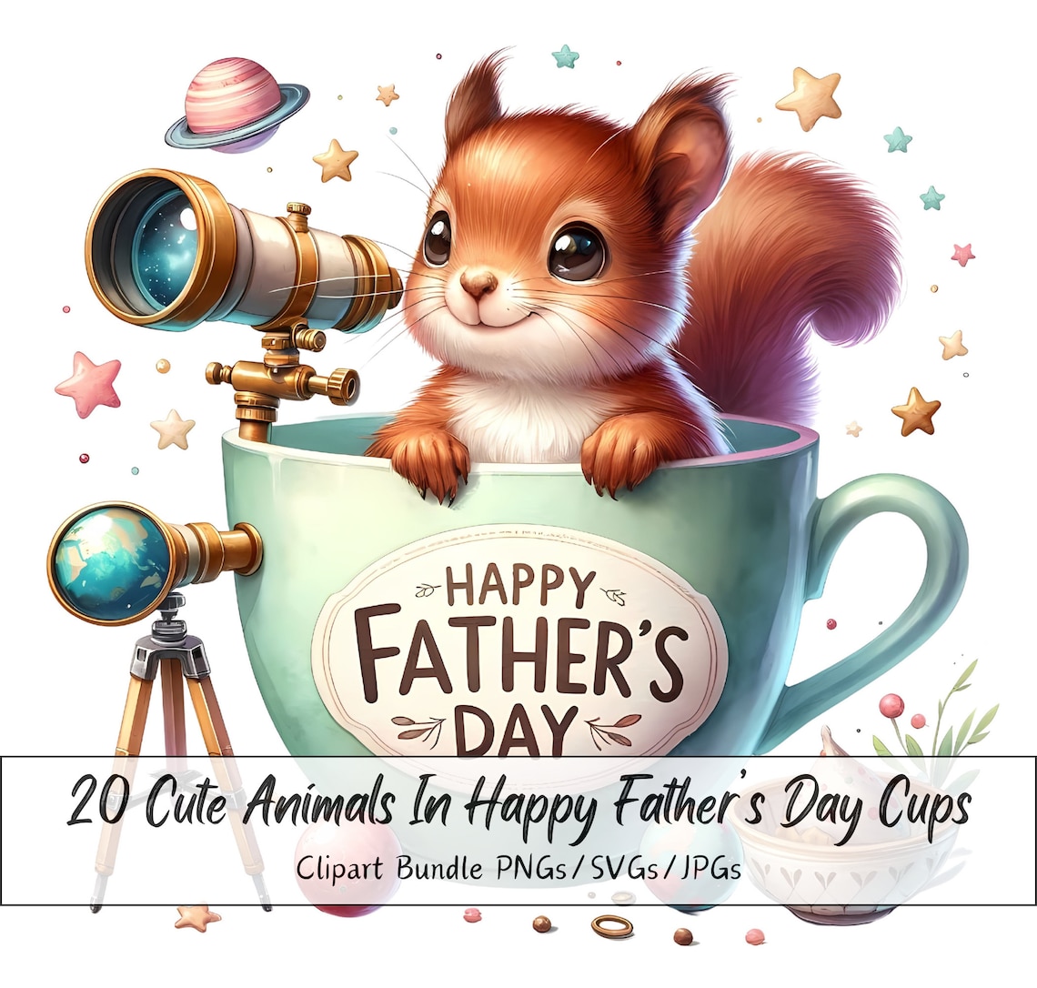 Cute Animals in Happy Father's Day Cups Clipart Bundle, Watercolor Clip ...