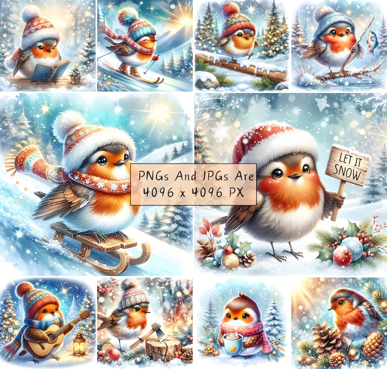 Cute Winter Robins Clipart Bundle, Festive Watercolor Clip Art Images ...