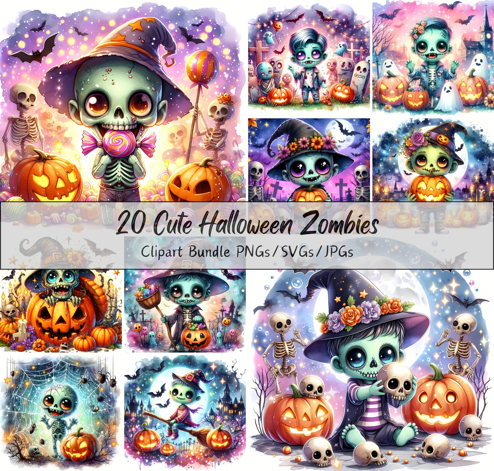 Cute Halloween Zombies Clipart Bundle, Watercolor Zombies Clip Art ...