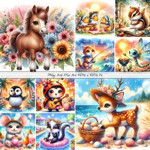 Cute Summer Animals Clipart Bundle, Watercolor Clip Art Images, High ...