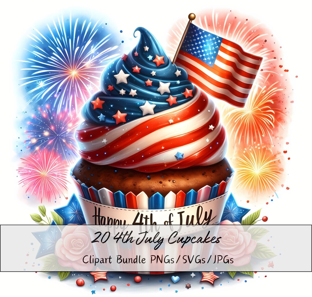 4th July Cupcakes Clipart Bundle, Watercolor Patriotic Files, High ...