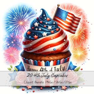 4th July Cupcakes Clipart Bundle, Watercolor Patriotic Files, High ...