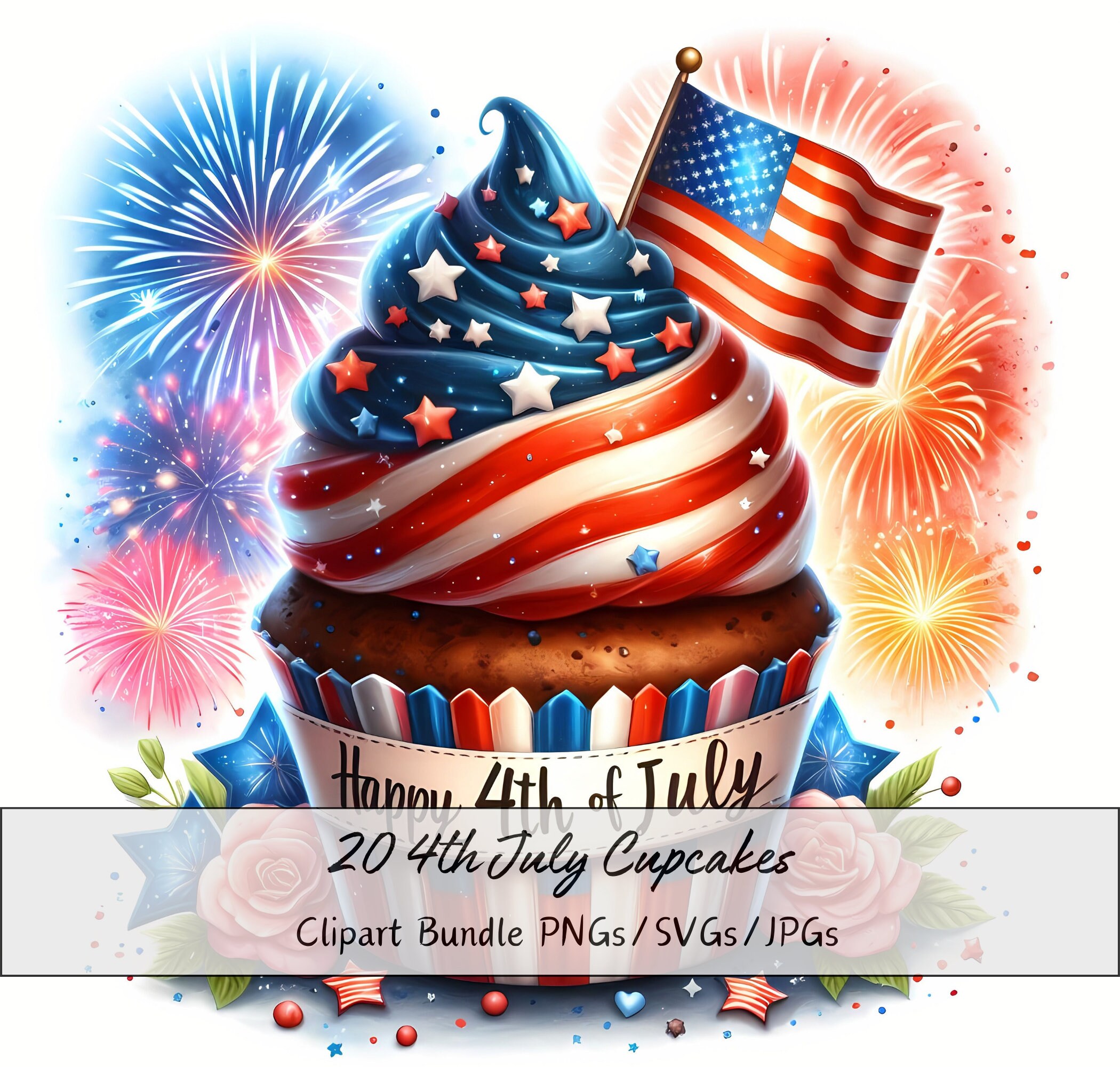 4th July Cupcakes Clipart Bundle, Watercolor Patriotic Files, High ...