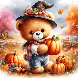 Cute Fall Teddy Bears Clipart Bundle, Watercolor Teddies Clip Art ...