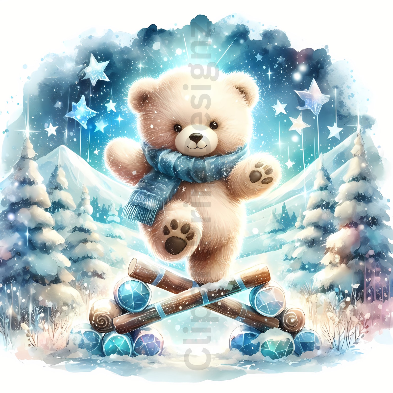 Cute Winter Teddy Bear Clipart Bundle, Festive Watercolor Clip Art Images, 20 High Quality Pngs ...