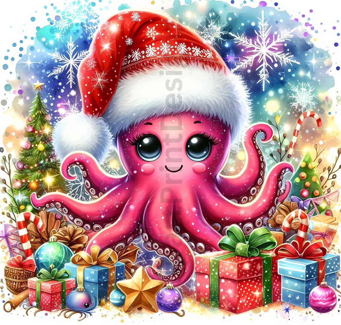 Cute Christmas Octopuses Clipart Bundle, Xmas Octopus Clip Art Images ...