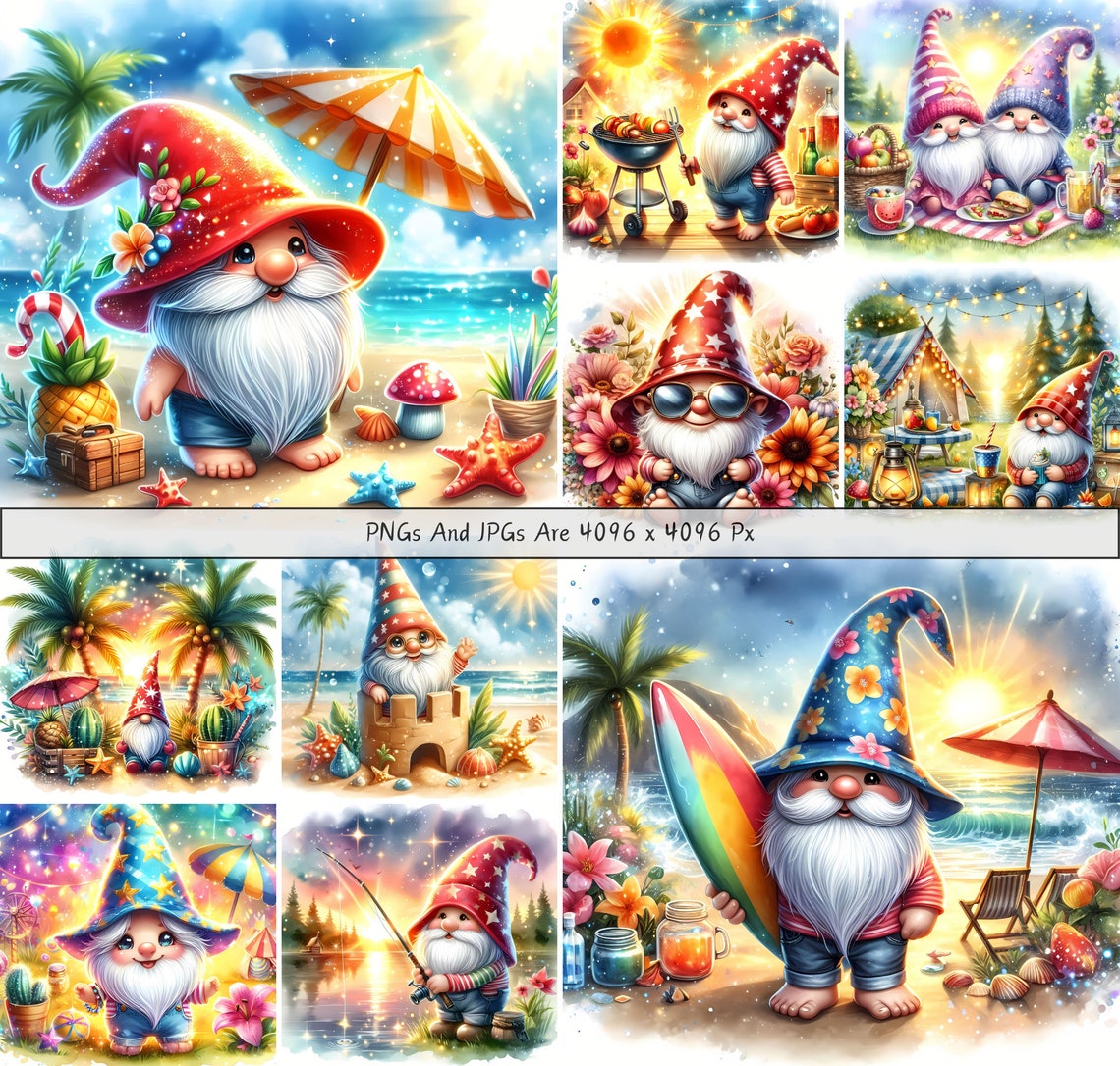 Cute Summer Gnomes Clipart Bundle, Watercolor Gomes Clip Art Images ...