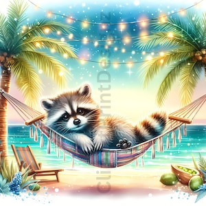 Cute Summer Raccoons Clipart Bundle, Watercolor Raccoon Clip Art Images ...