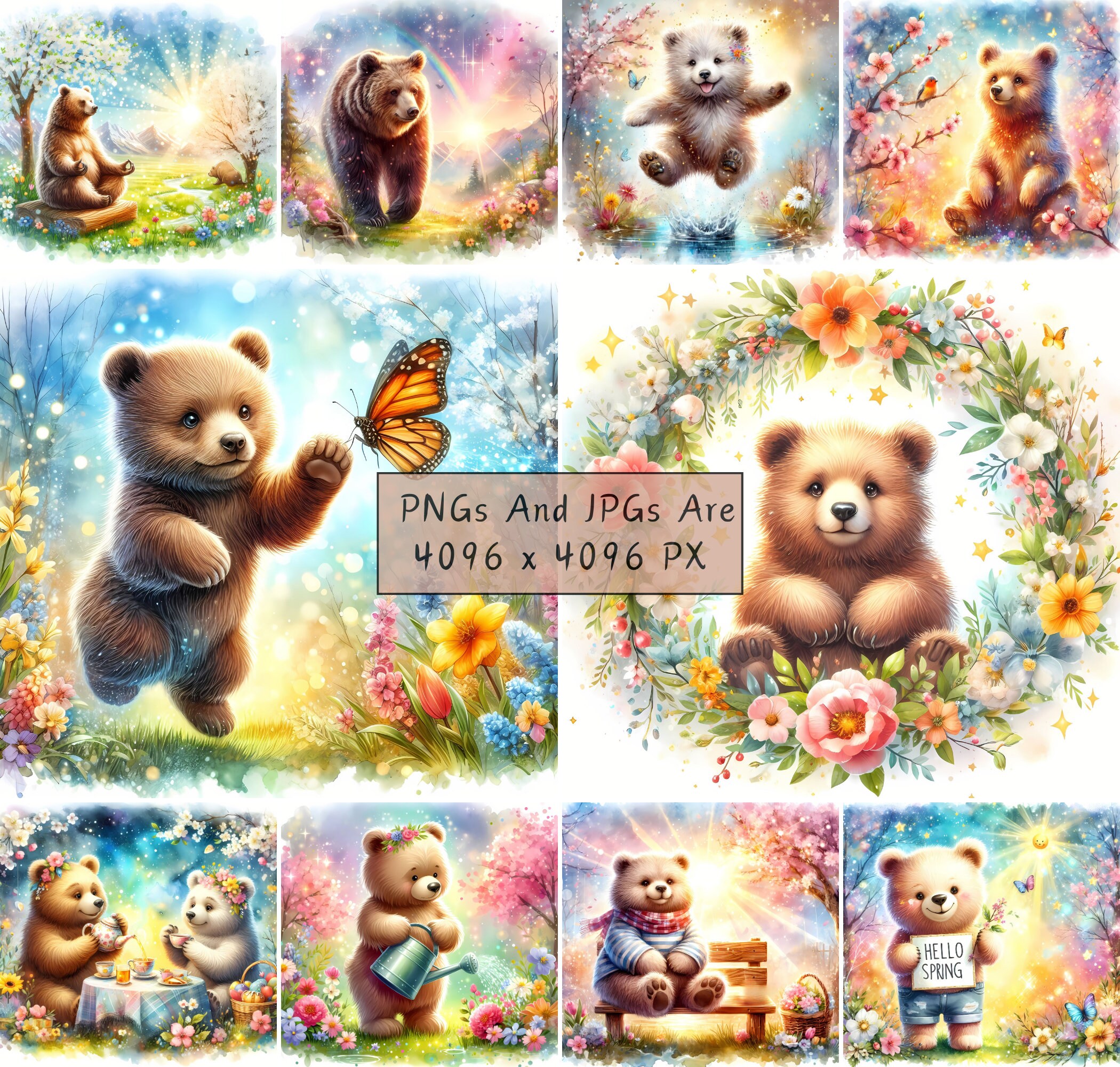 Cute Spring Bears Clipart Bundle, Watercolor Clip Art Images, High ...