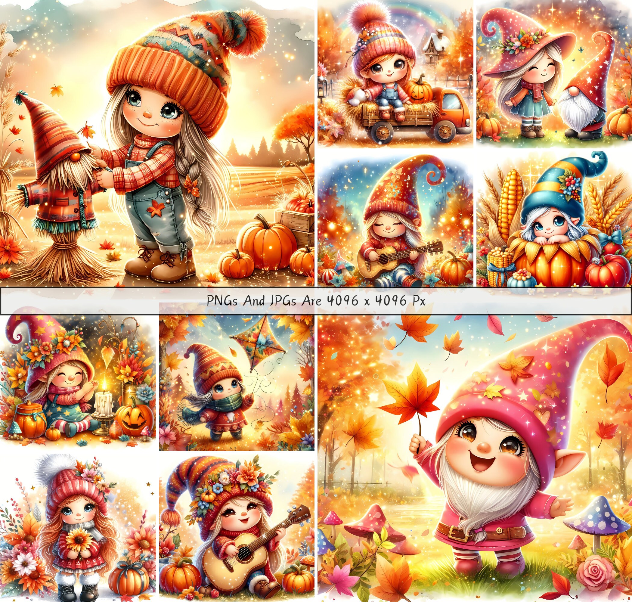 Cute Fall Gnome Girls Clipart Bundle, Watercolor Gnome Girl Clip Art ...