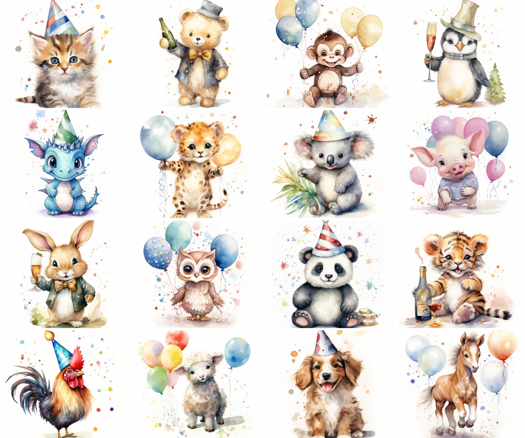 78 New Years Eve Animals, Cute Watercolor Baby Animals, New Year Party ...