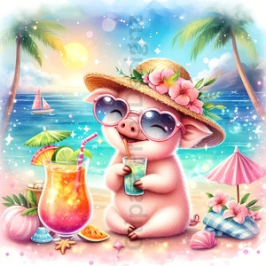 Cute Summer Pigs Clipart Bundle, Watercolor Pig Clip Art Images, High ...