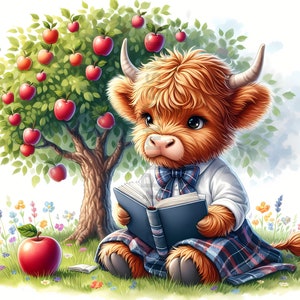 Cute Back to School Highland Cows Clipart Bundle, Watercolor Cow Clip ...