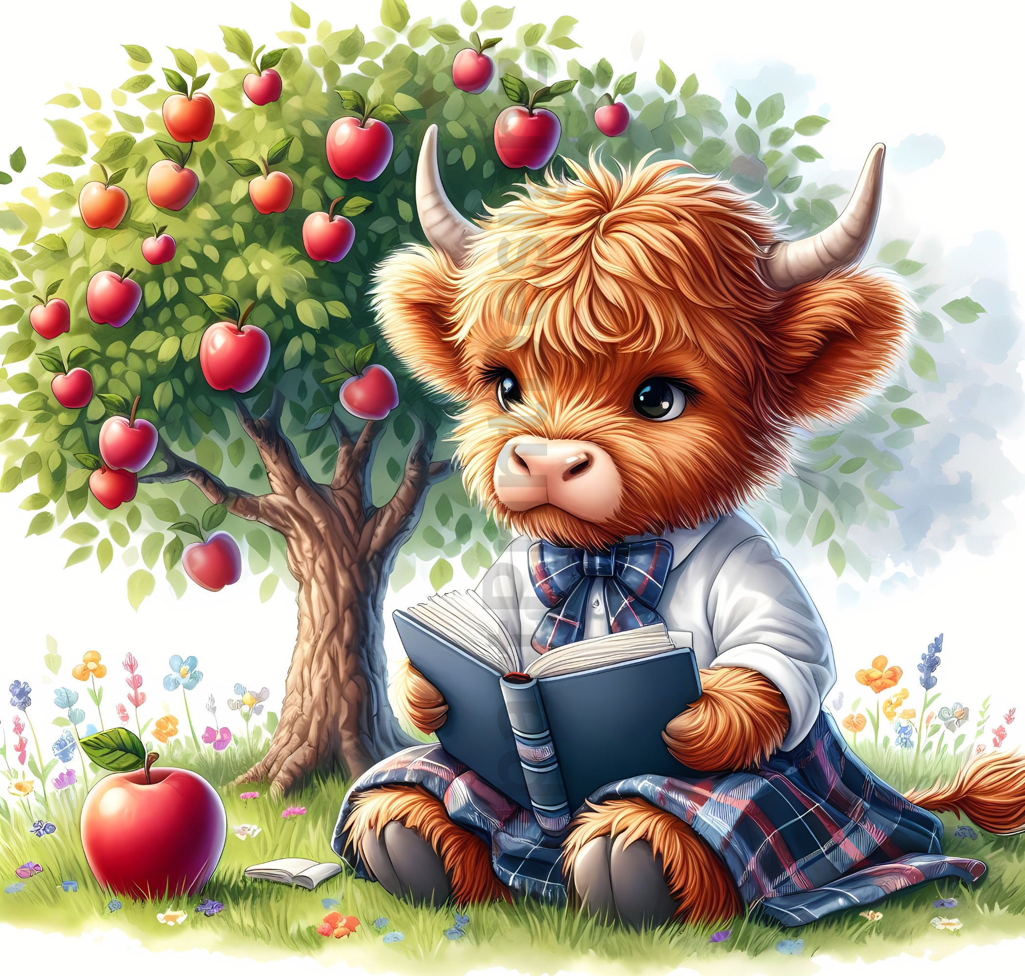 Cute Back to School Highland Cows Clipart Bundle, Watercolor Cow Clip ...