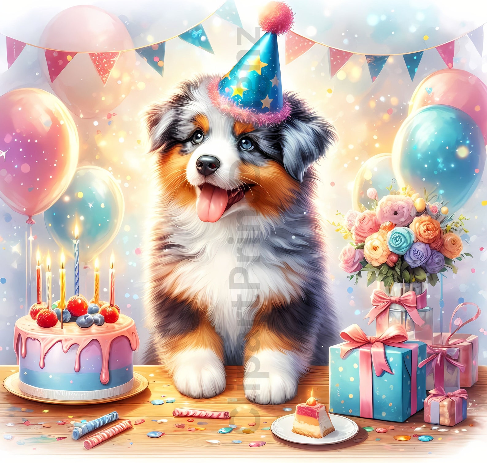 Cute Birthday Australian Shepherds Clipart Bundle, Watercolor Dog Clip ...