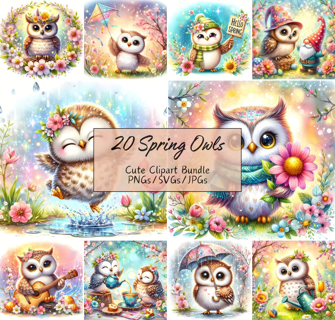 Cute Spring Owls Clipart, Watercolor Animal Images, High Quality Bundle ...