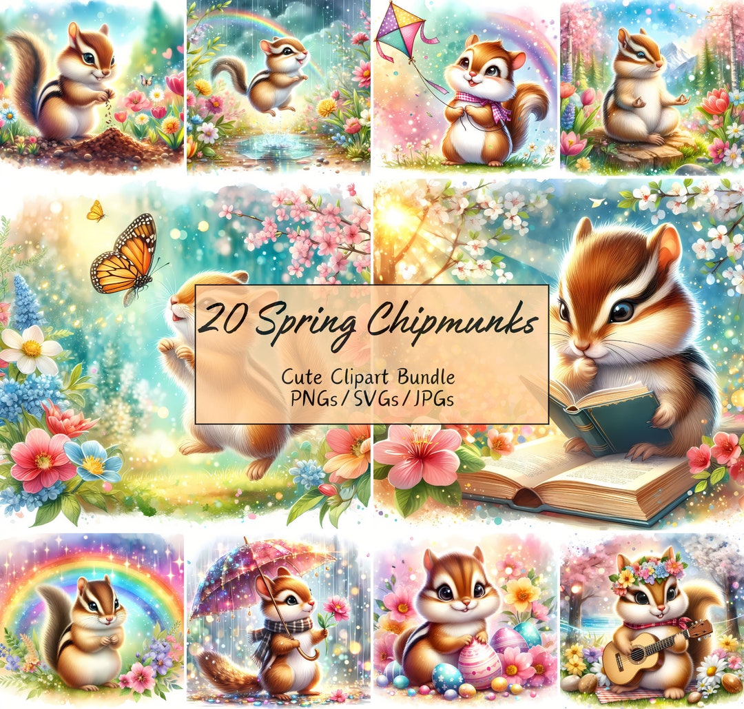 Cute Spring Chipmunks Clipart Bundle, Watercolor Clip Art Images, 20 ...
