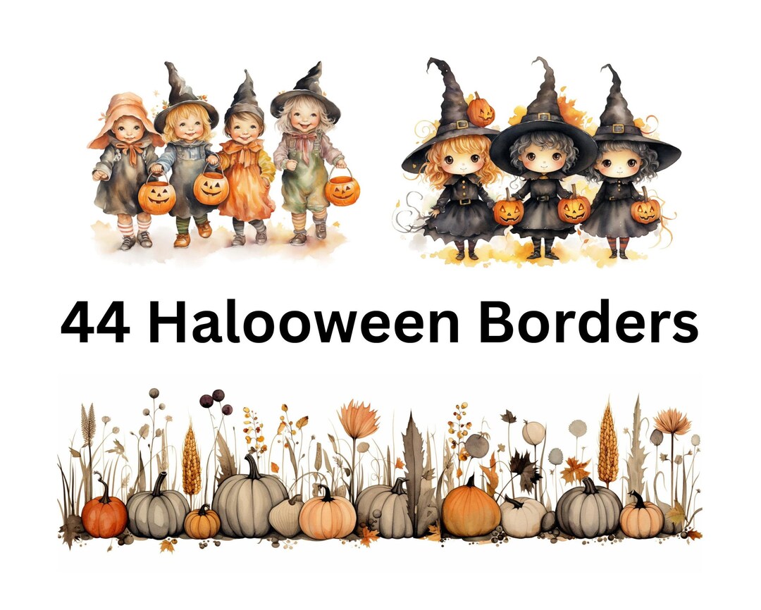 Watercolor Halloween Borders, Clipart Bundle, 44 Cute and Scary ...