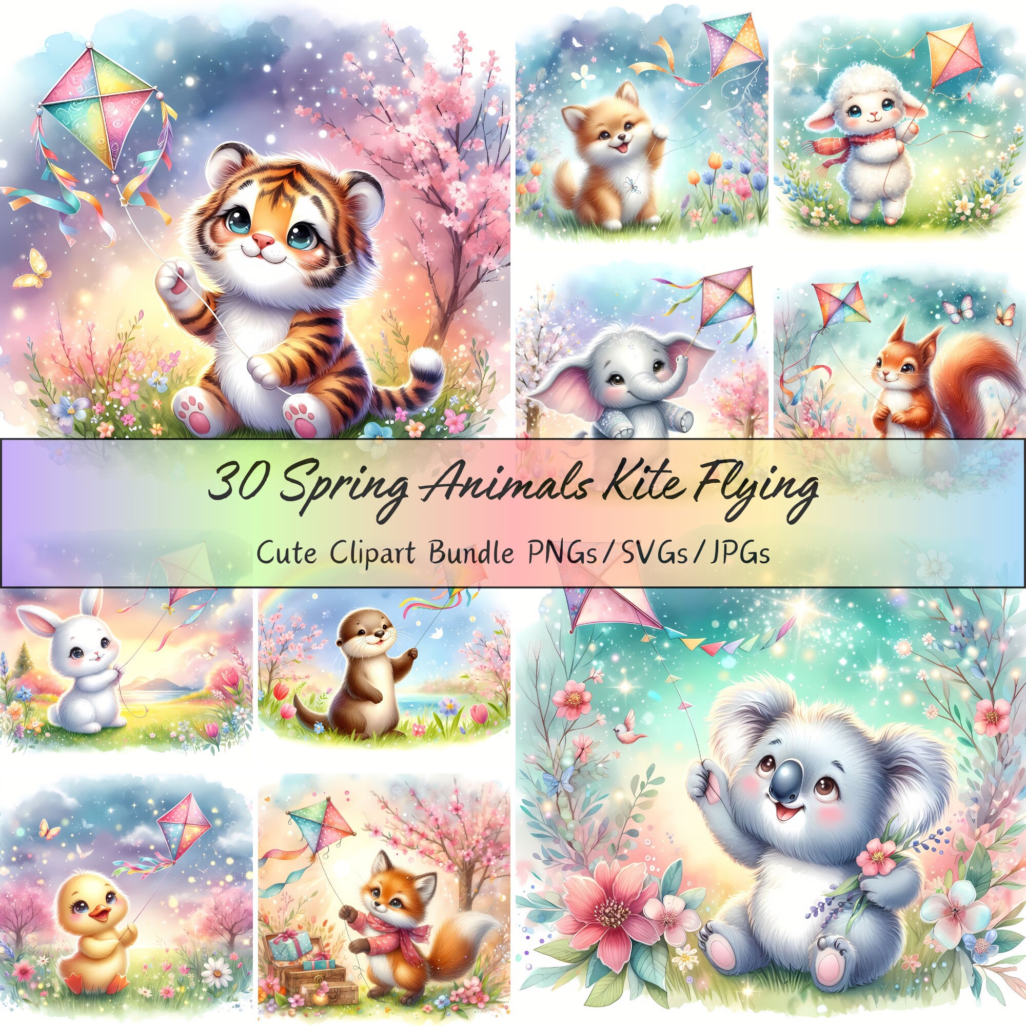 Cute Spring Animals Kite Flying Clipart Bundle, Watercolor Clip Art ...
