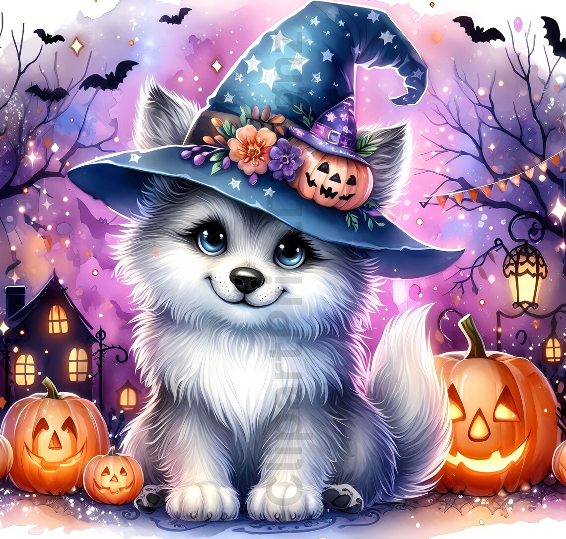 Cute Halloween Wolves Clipart Bundle, Watercolor Wolf Clip Art Images ...