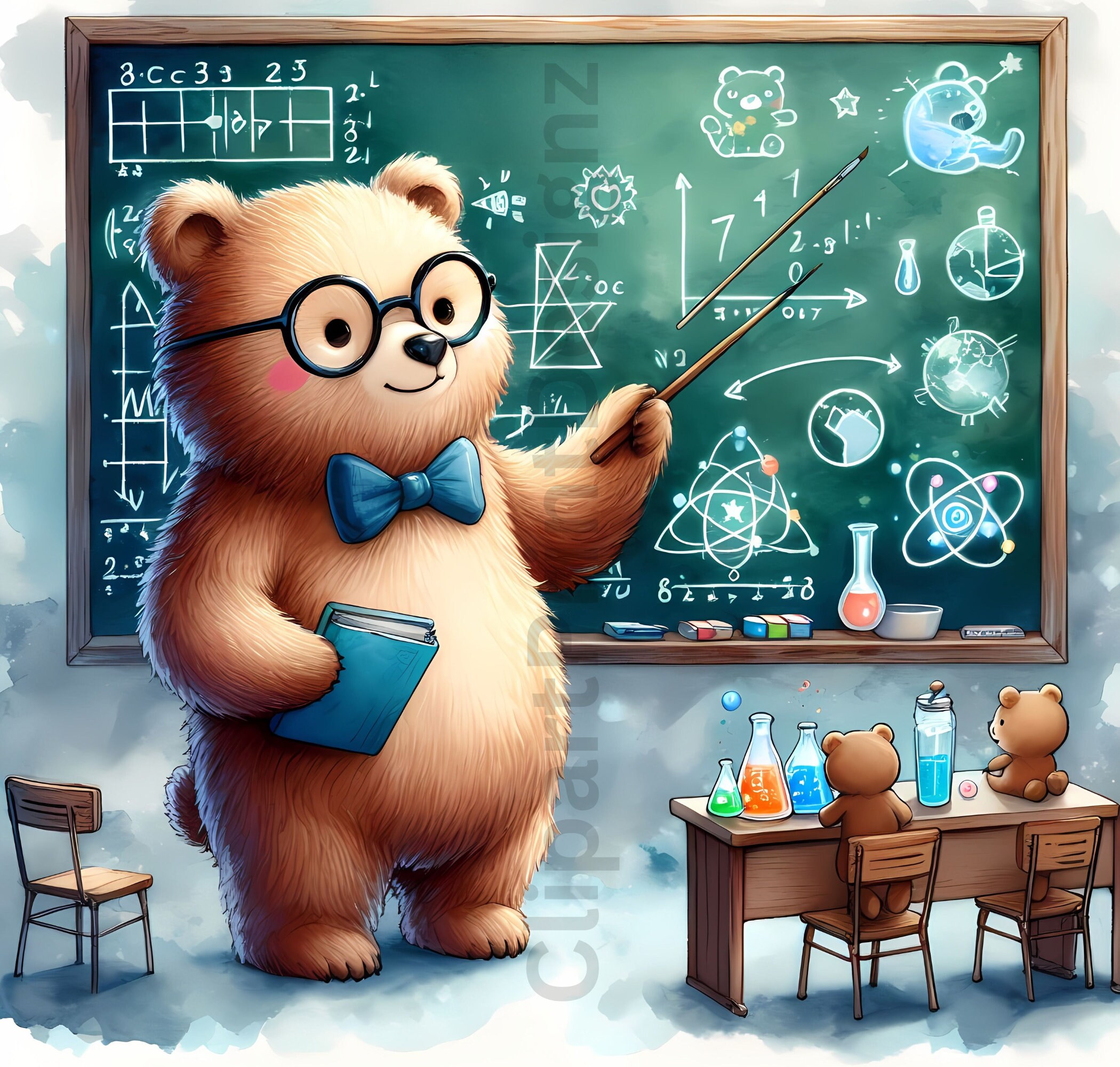 Cute Back to School Bears Clipart Bundle, Watercolor Bear Clip Art ...