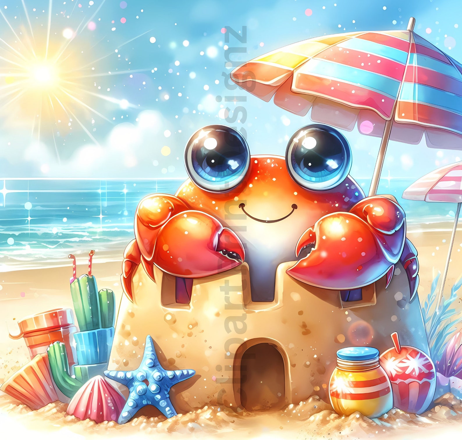 Cute Summer Sandcastle Animals Clipart Bundle, Watercolor Ocean Clip ...