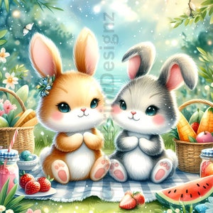 Cute Summer Rabbits Clipart Bundle, Watercolor Rabbit Clip Art Images ...