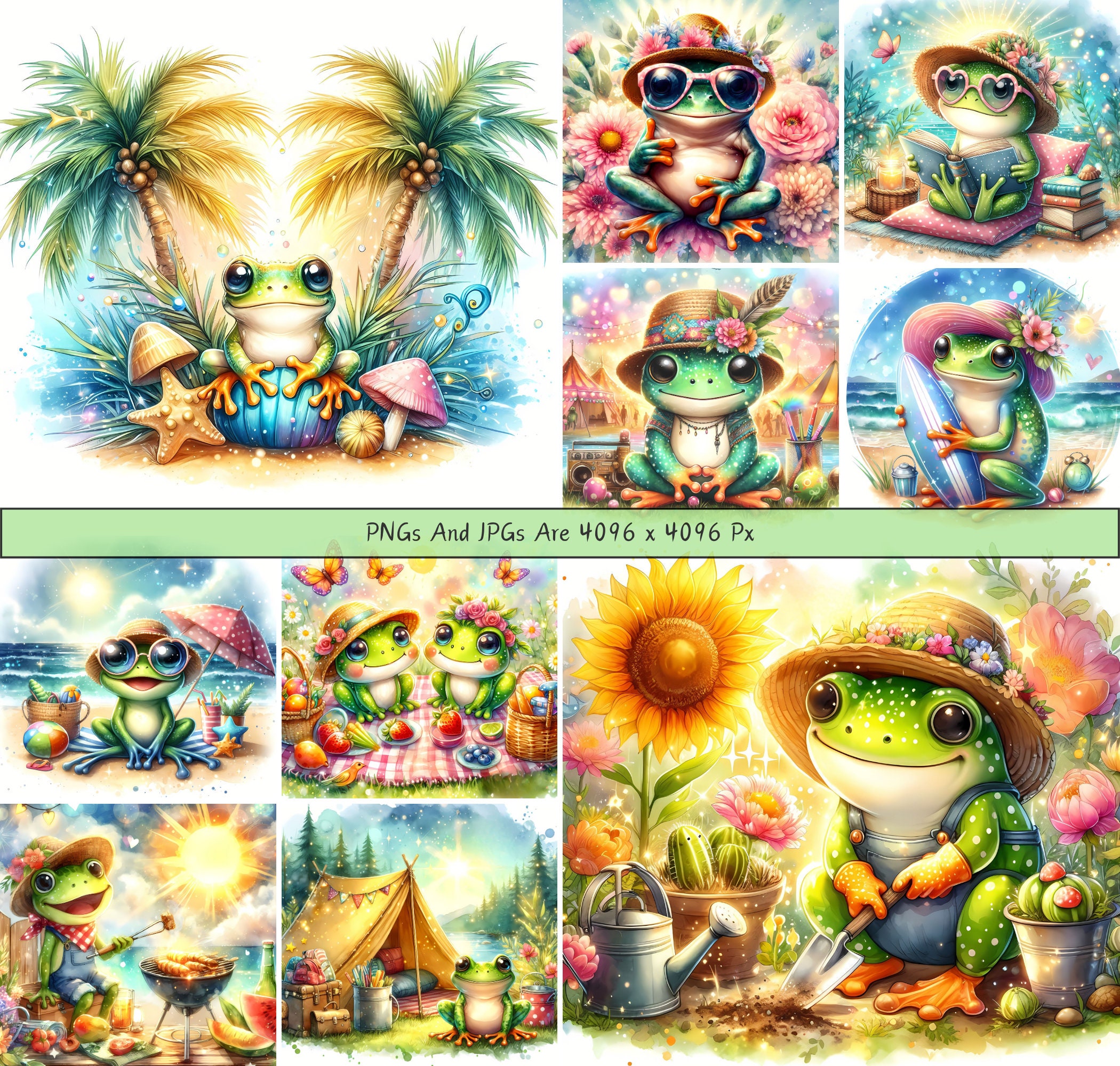 Cute Summer Frogs Clipart Bundle, Watercolor Frog Clip Art Images, High ...