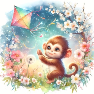 Cute Spring Monkeys Clipart Bundle, Watercolor Clip Art Images, 20 High ...