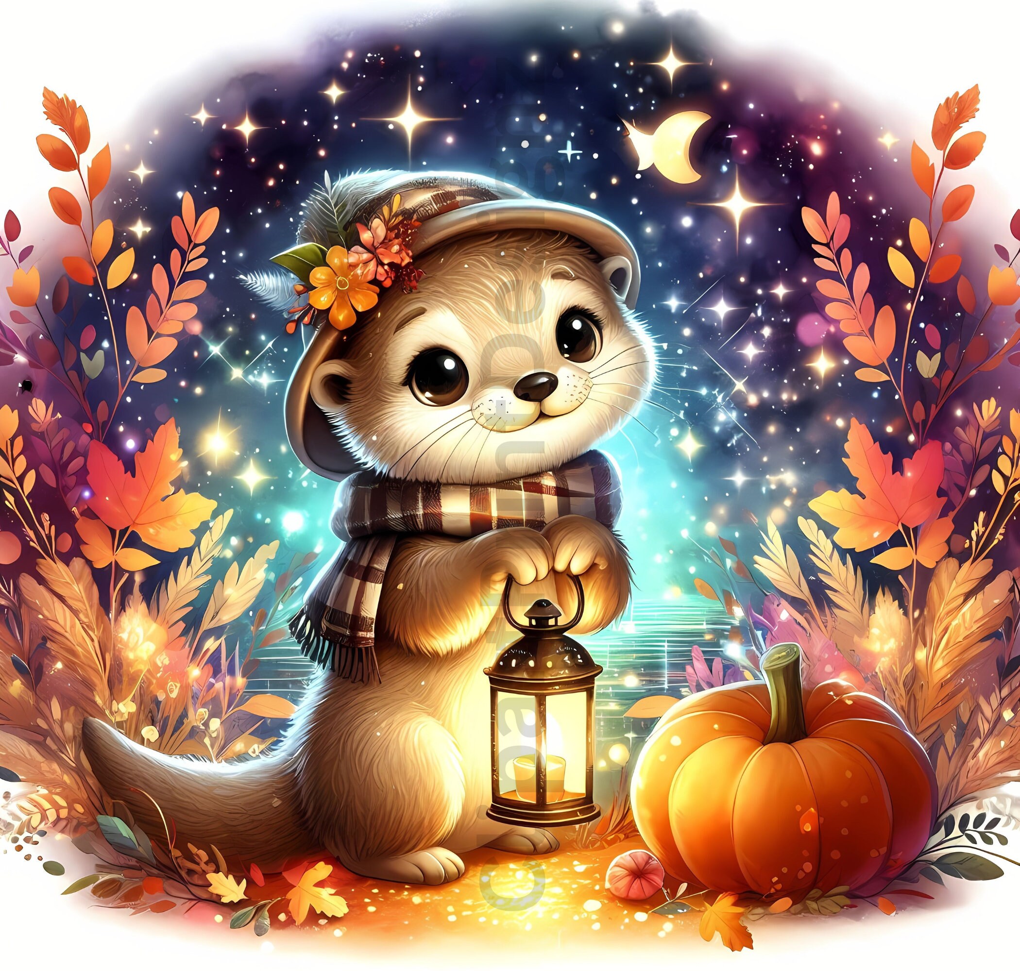 Cute Fall Animals Holding Lanterns, Clipart Bundle, Watercolor Animal ...