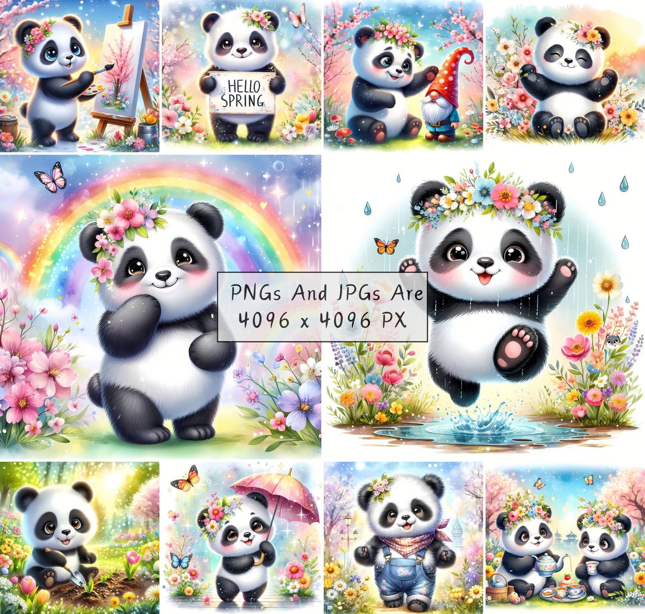 Cute Spring Pandas Clipart Bundle, Watercolor Clip Art Images, High ...