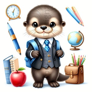 Cute Back to School Otters Clipart Bundle, Watercolor Otter Clip Art ...