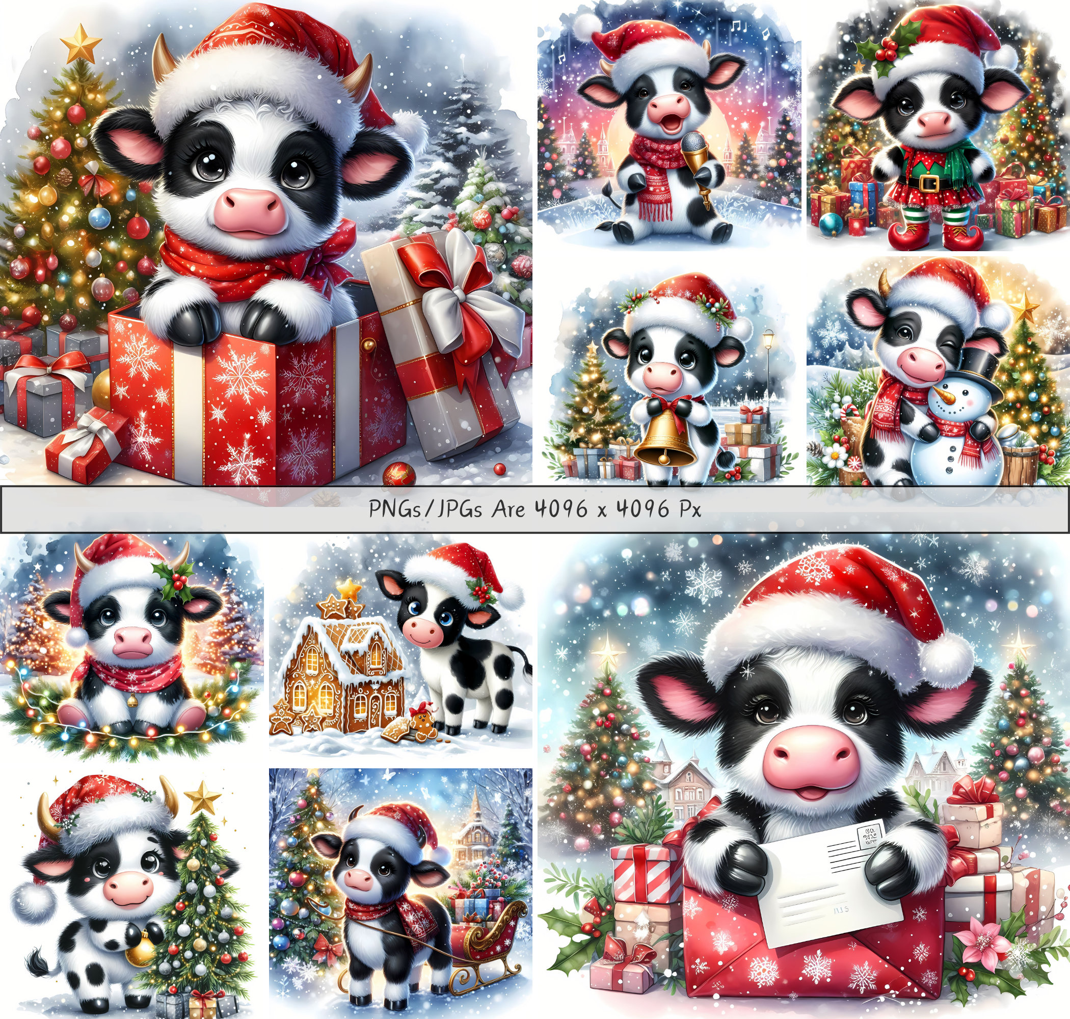 Cute Christmas Cows Clipart Bundle, Xmas Cow Clip Art Images ...