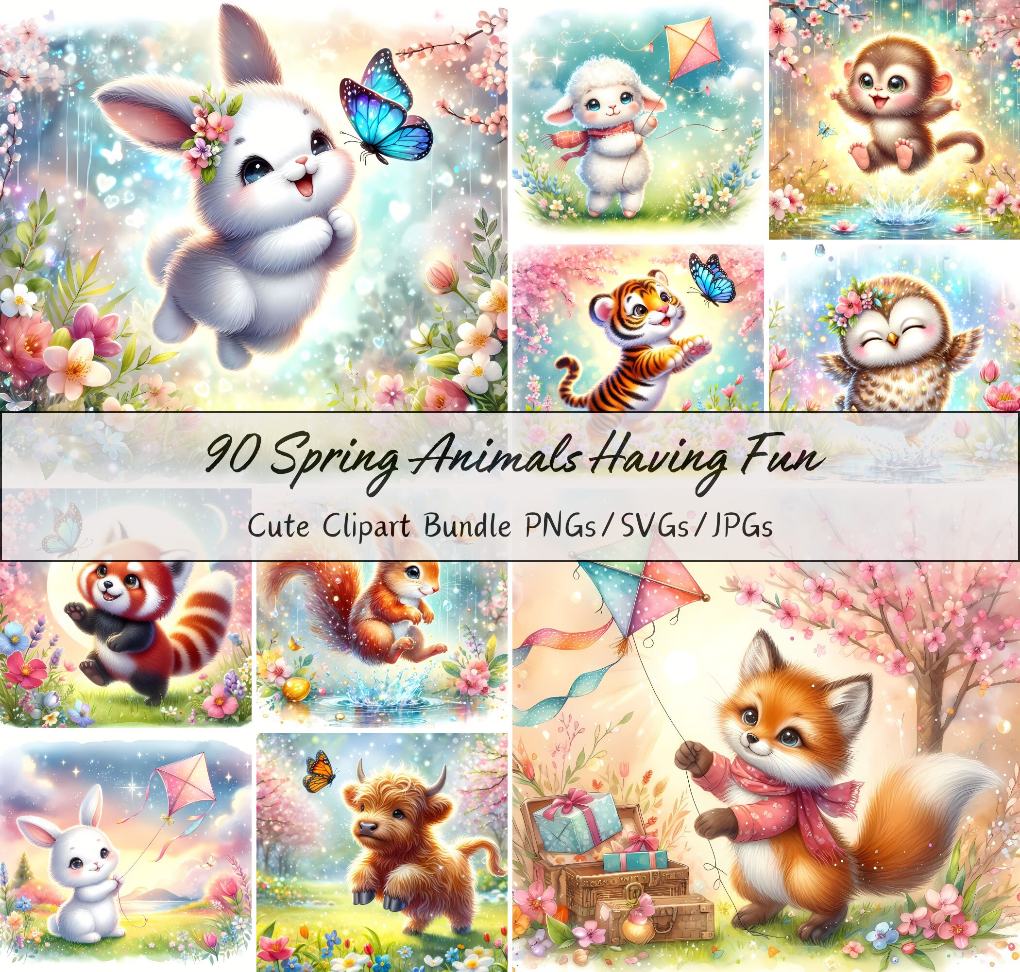 Spring Animals Having Fun Clipart Bundle, Cute Watercolor Mega Images ...