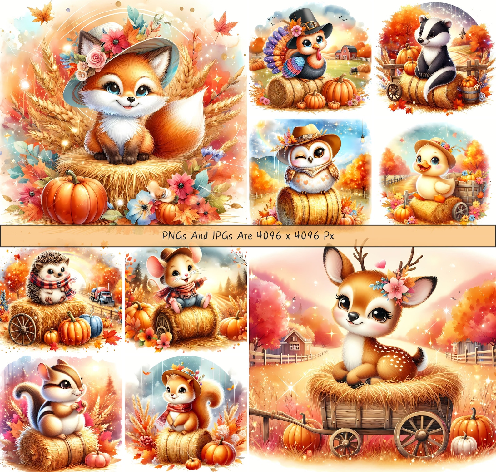 Cute Fall Animals on Haystacks Clipart Bundle, Watercolor Animal Clip ...