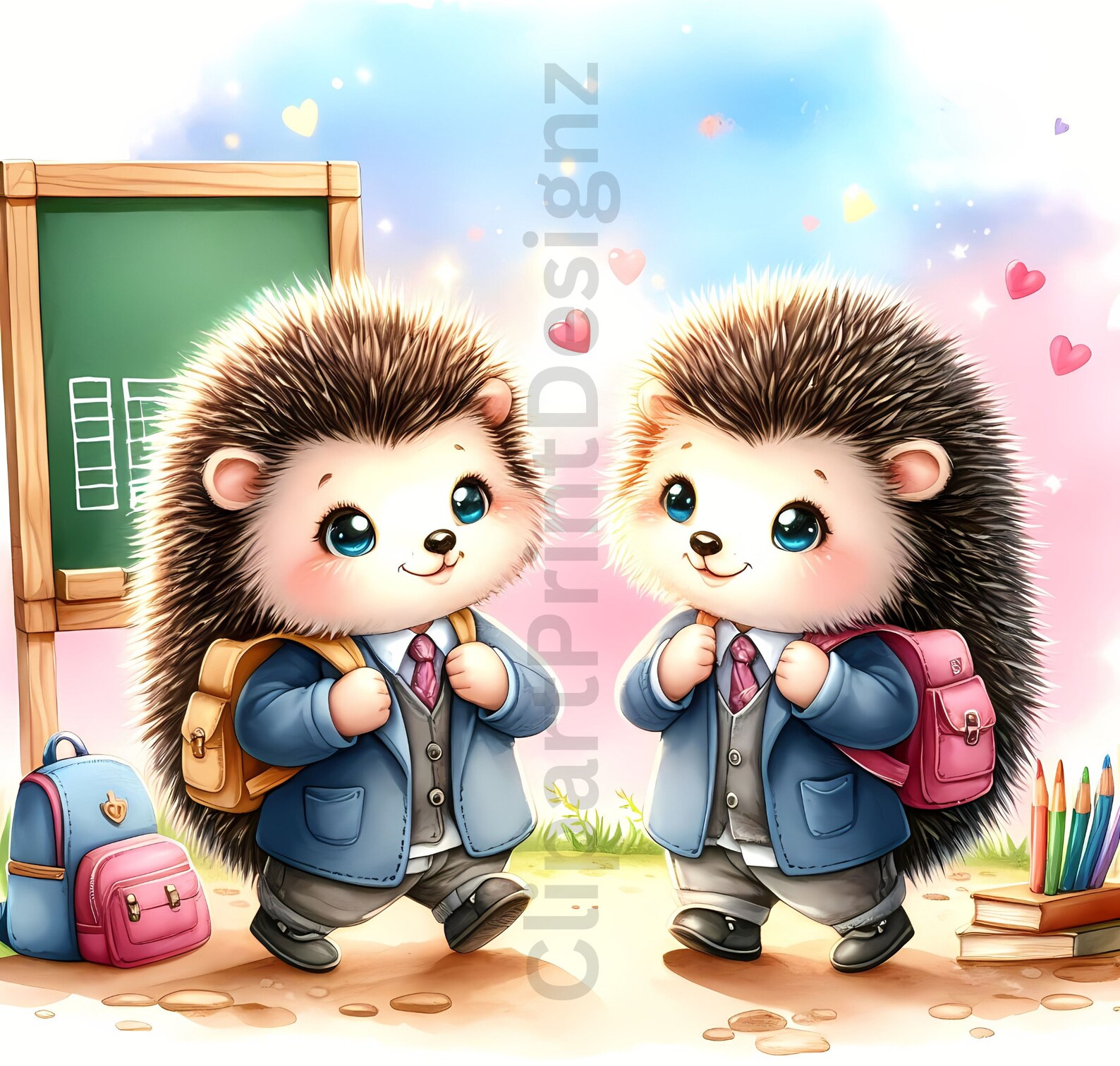 Cute Back to School Hedgehogs Clipart Bundle, Watercolor Hedgehog Clip ...