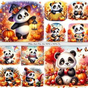 Cute Fall Pandas Clipart Bundle, Watercolor Panda Clip Art Images, High ...