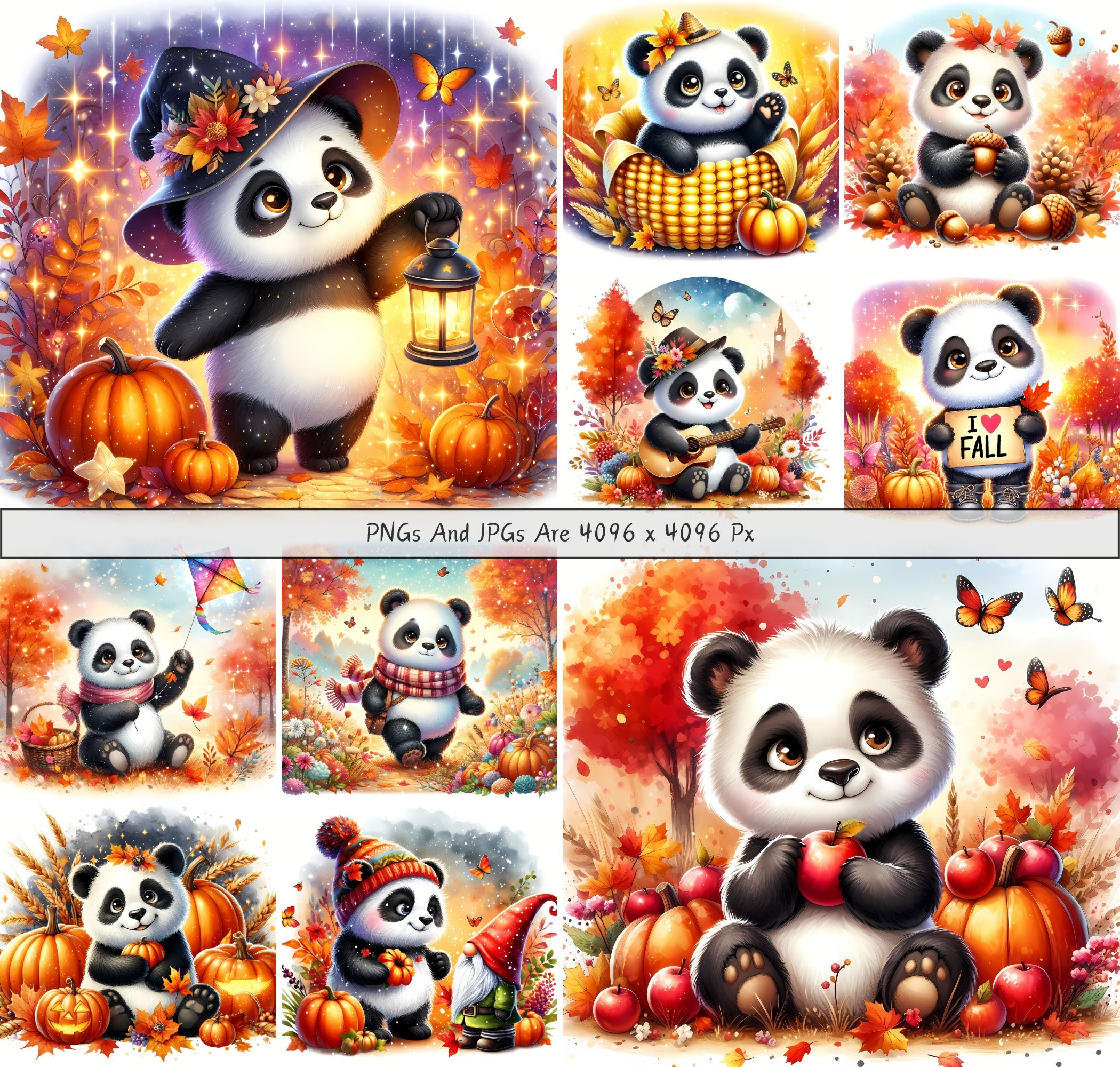 Cute Fall Pandas Clipart Bundle, Watercolor Panda Clip Art Images, High ...