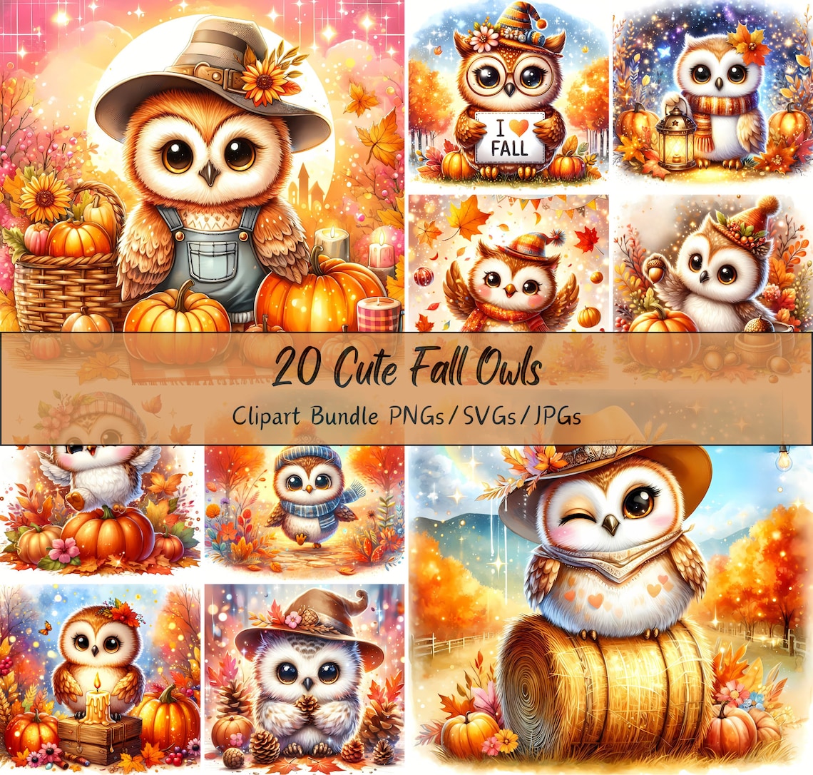 Cute Fall Owls Clipart Bundle, Watercolor Autumn Owl Clip Art Images ...