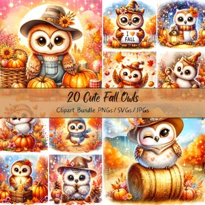 Cute Fall Owls Clipart Bundle, Watercolor Autumn Owl Clip Art Images ...